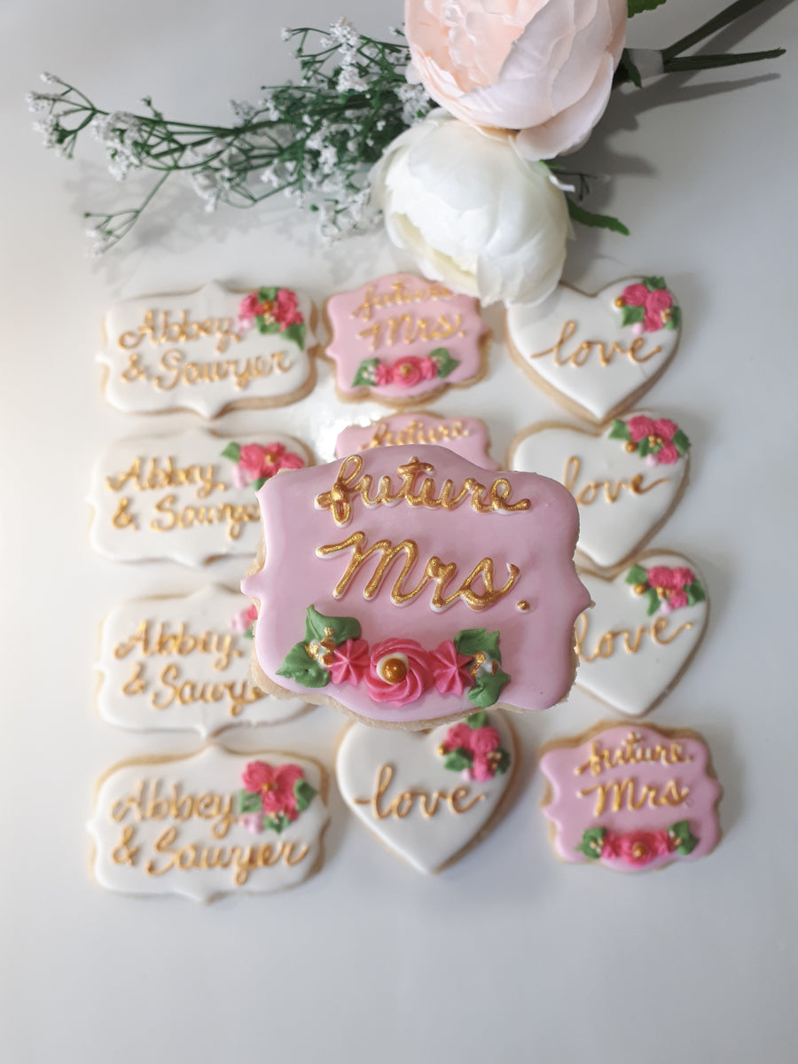 Cookies, Bridal/ wedding pink white with Gold accents heart COOKIES ro ...